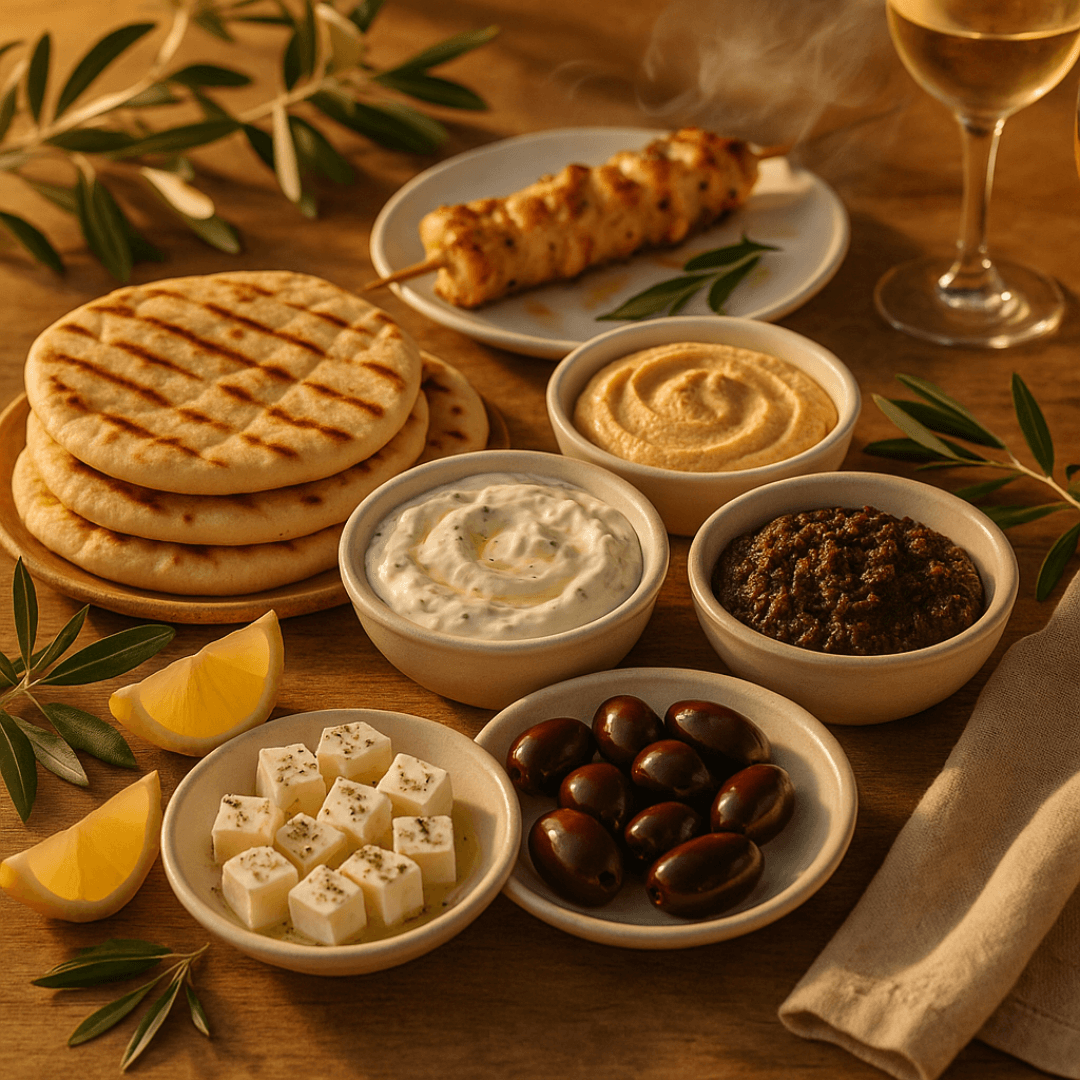 Greek Dinner Experience – Authentic Feast | Pita, Feta, Dips & Olives